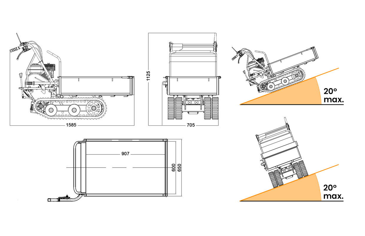 Brouette à moteur thermique à chenilles benne plateau basculante ...